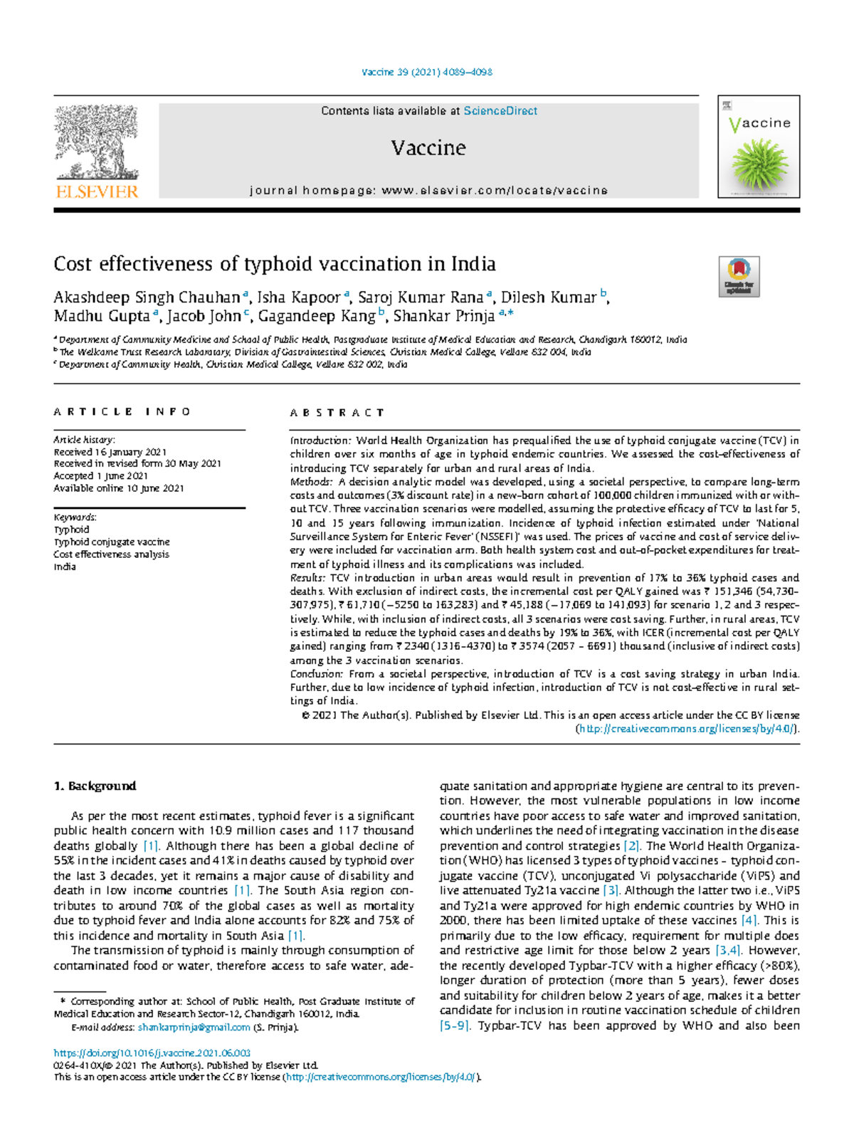 Cost-Effectiveness of Typhoid Vaccination in India: A CEA Study - Studocu