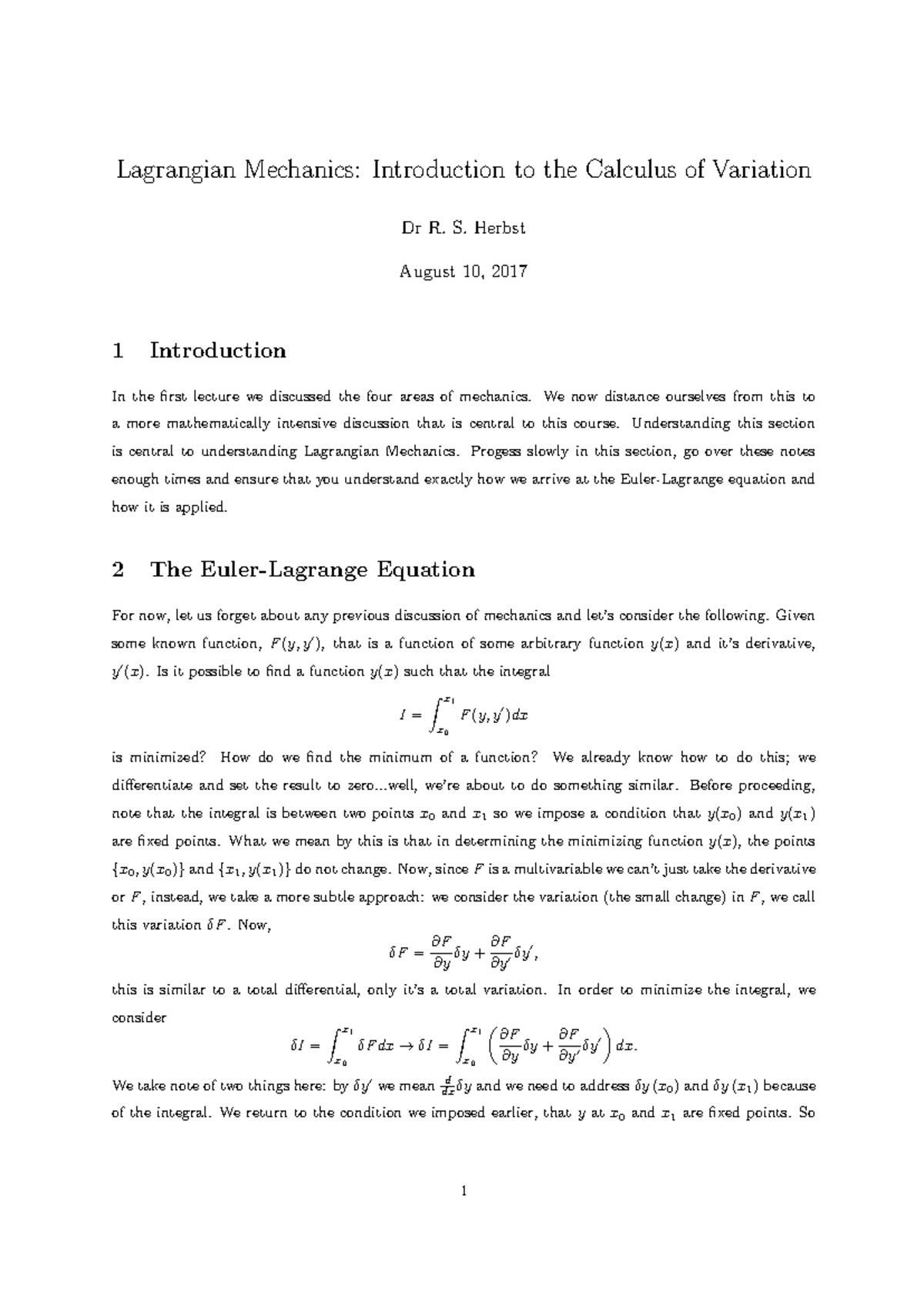 Lecture 2: Introduction to Lagrangian Mechanics and Variational Calculus - Studocu