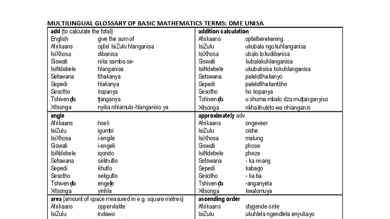 Multilingual Glossary of Basic Math Terms: DME UNISA - Studocu
