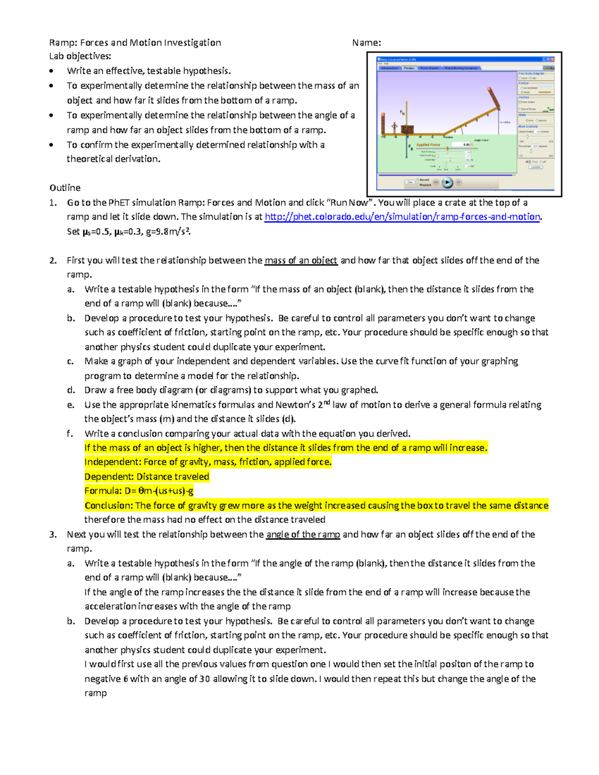 Lab 4 - PhET Forces and Motion: Ramp Experiments on Mass & Angle - Studocu
