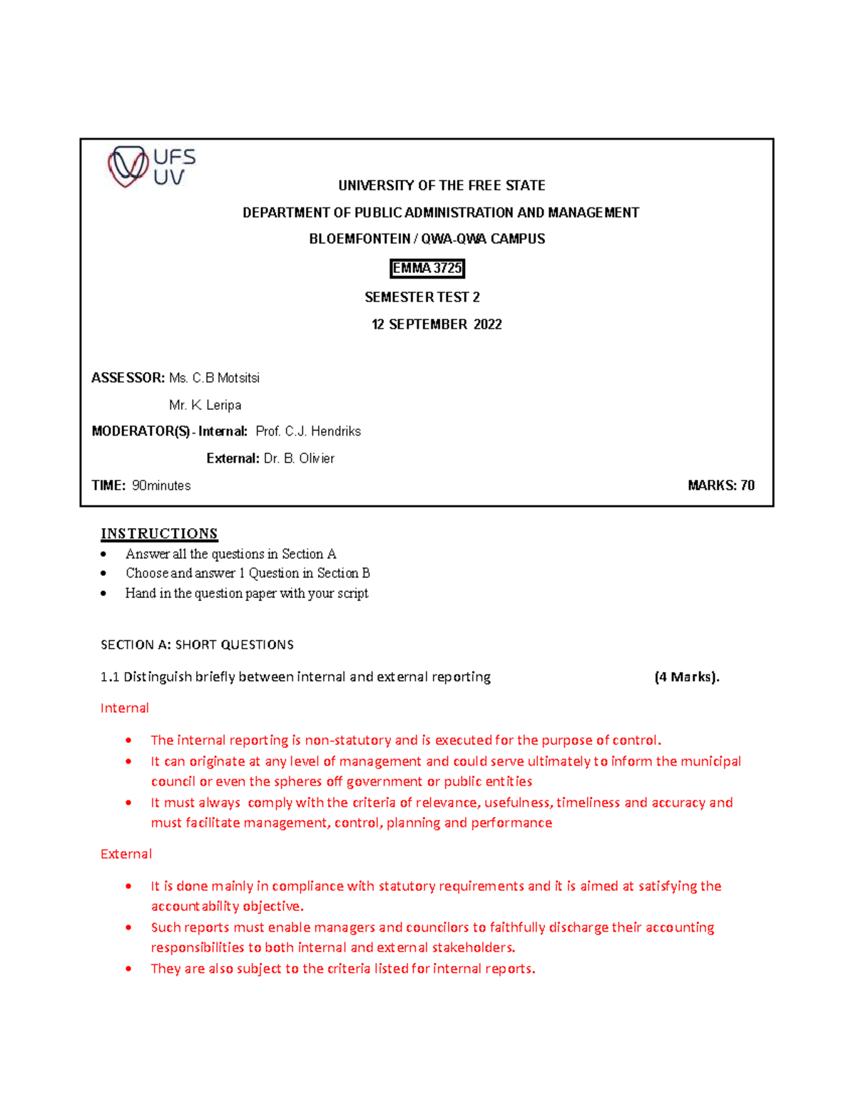 UFS EMMA 3725 SEMESTER TEST 2: Public Admin Financial Management - Studocu