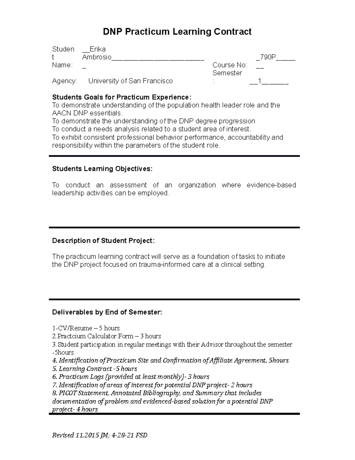 DNP 790P Practicum Learning Contract - Revised 4-28-23 - Studocu