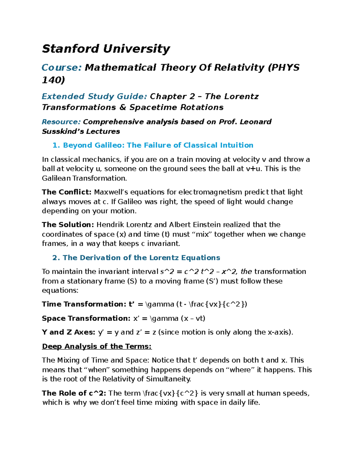 PHYS 140 Extended Study Guide: Chapter 2 Lorentz Transformations - Studocu
