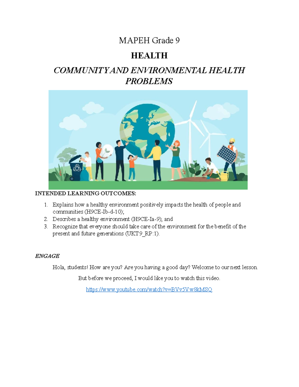 Health Grade 9 Community & Environmental Health Problems ST LP Lesson ...