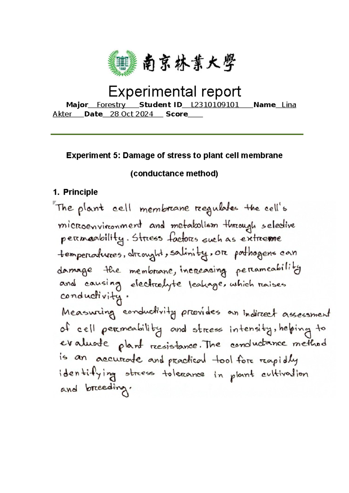 LINA-Plant Physiology experiment 5 - environmental science ...