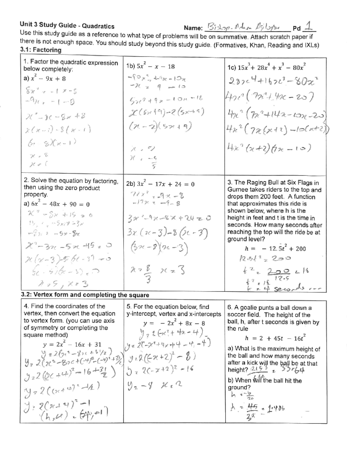 Unit 3 Study Guide: Quadratics for Maths - Summative Exam Prep - Studocu