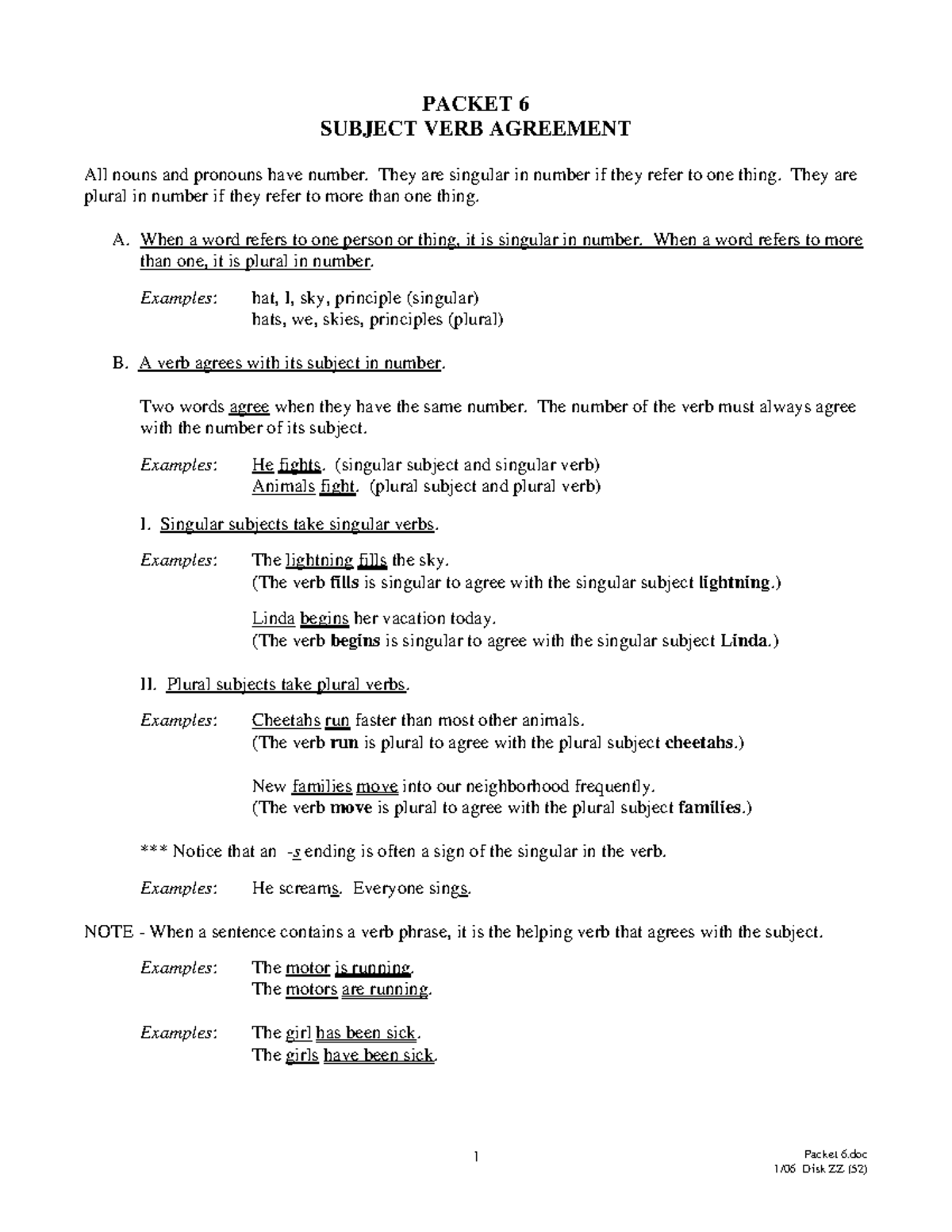 Packet 6 subject verb agreement - PACKET 6 SUBJECT VERB AGREEMENT All ...