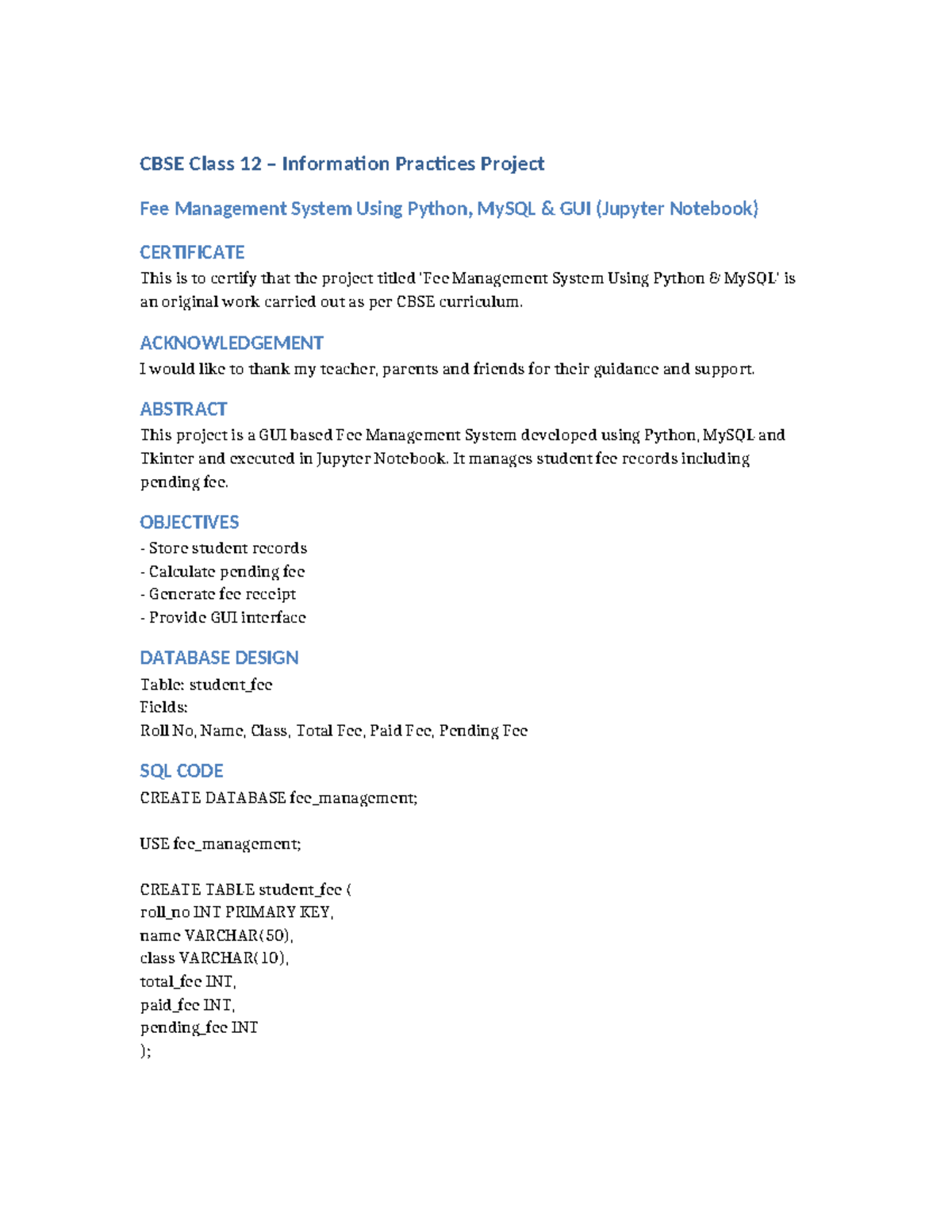CBSE Class 12 IP Project: Fee Management System in Python & MySQL - Studocu