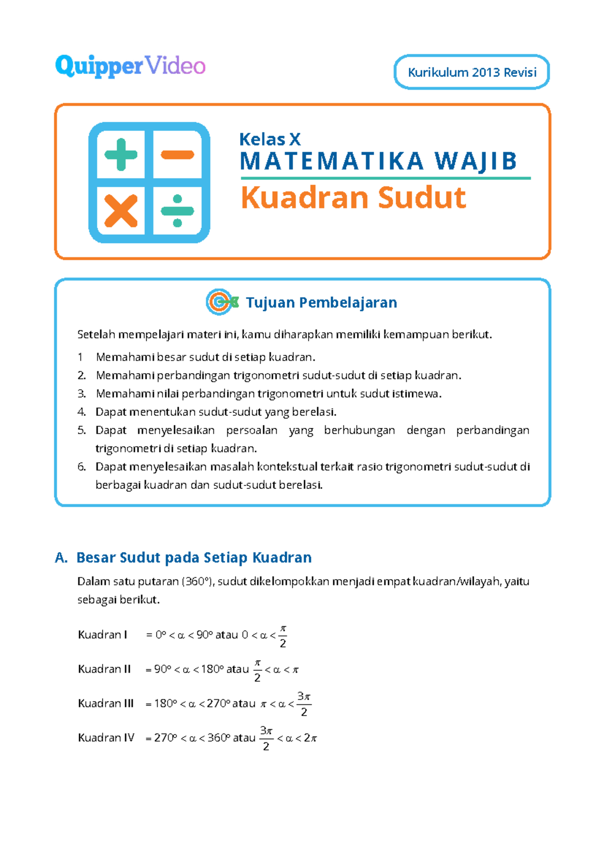 Matematika Wajib G10: Kuadran Sudut dan Perbandingan Trigonometri - Studocu