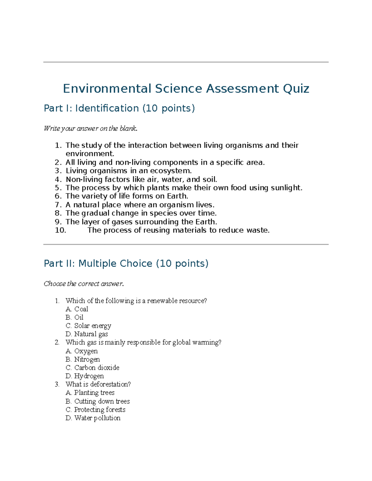 ENV 101: Environmental Science Assessment Quiz Part I & II - Studocu