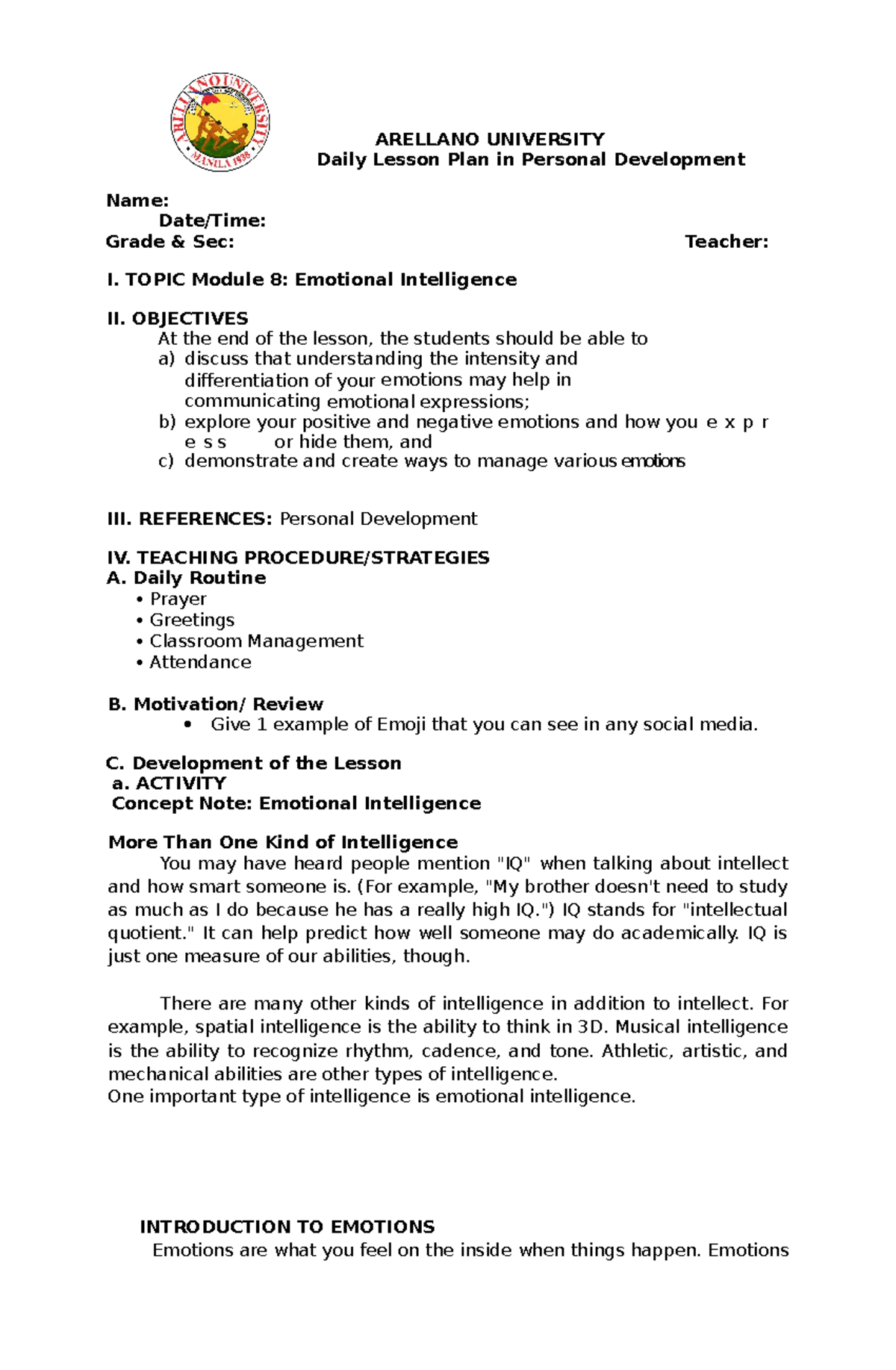DLP9 - Lesson Plan on Emotional Intelligence in Personal Development ...