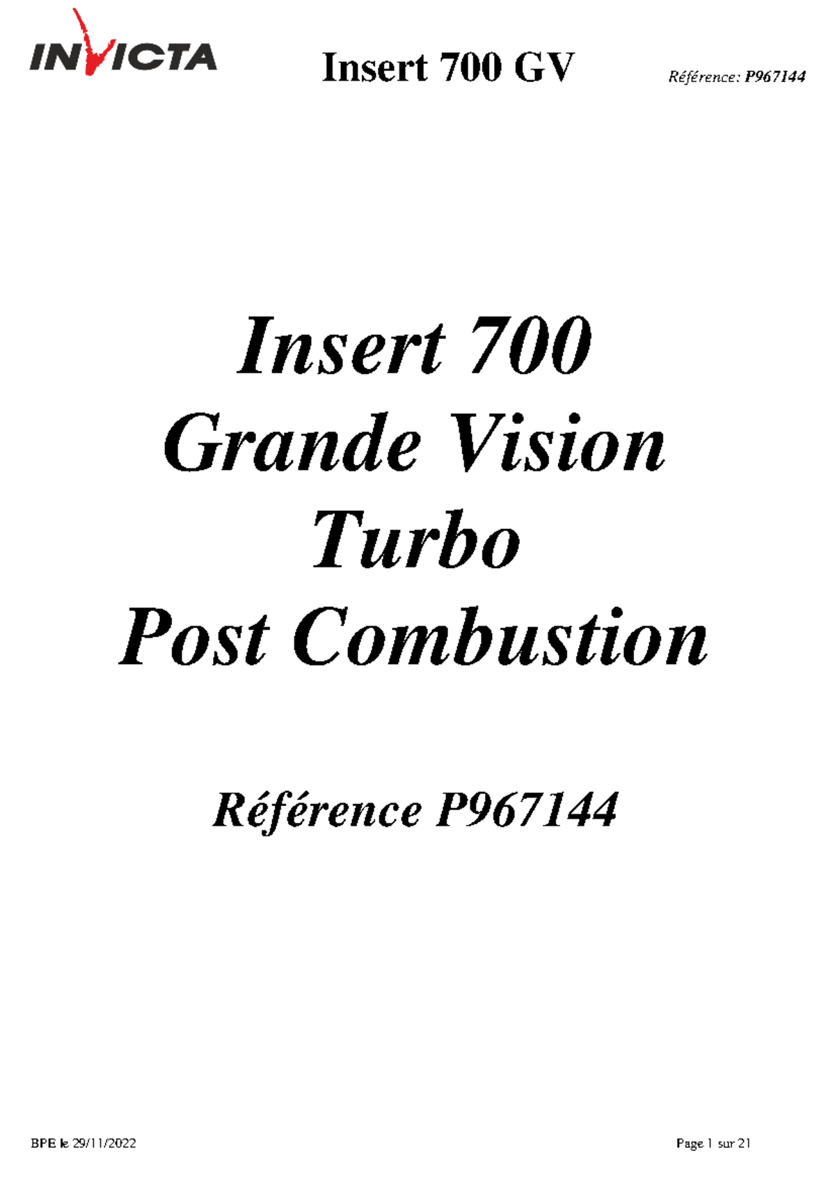 Insert 700 GV Turbo: Guide d'Installation et d'Utilisation P967144 ...
