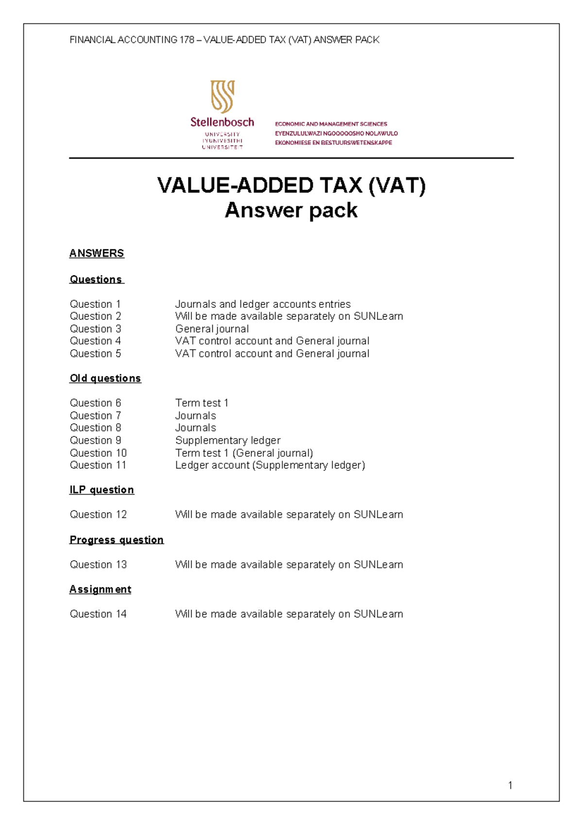 4. VAT - answer pack 2025 - VALUE-ADDED TAX (VAT) Answer pack ANSWERS ...