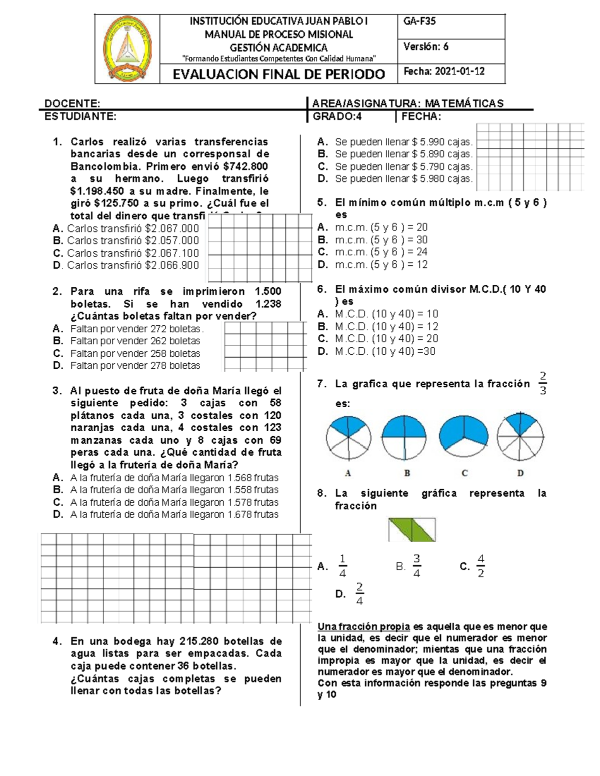 EVALUACIÓN FINAL DE PERIODO MATEMÁTICAS 4TO GRADO 2025 - Studocu