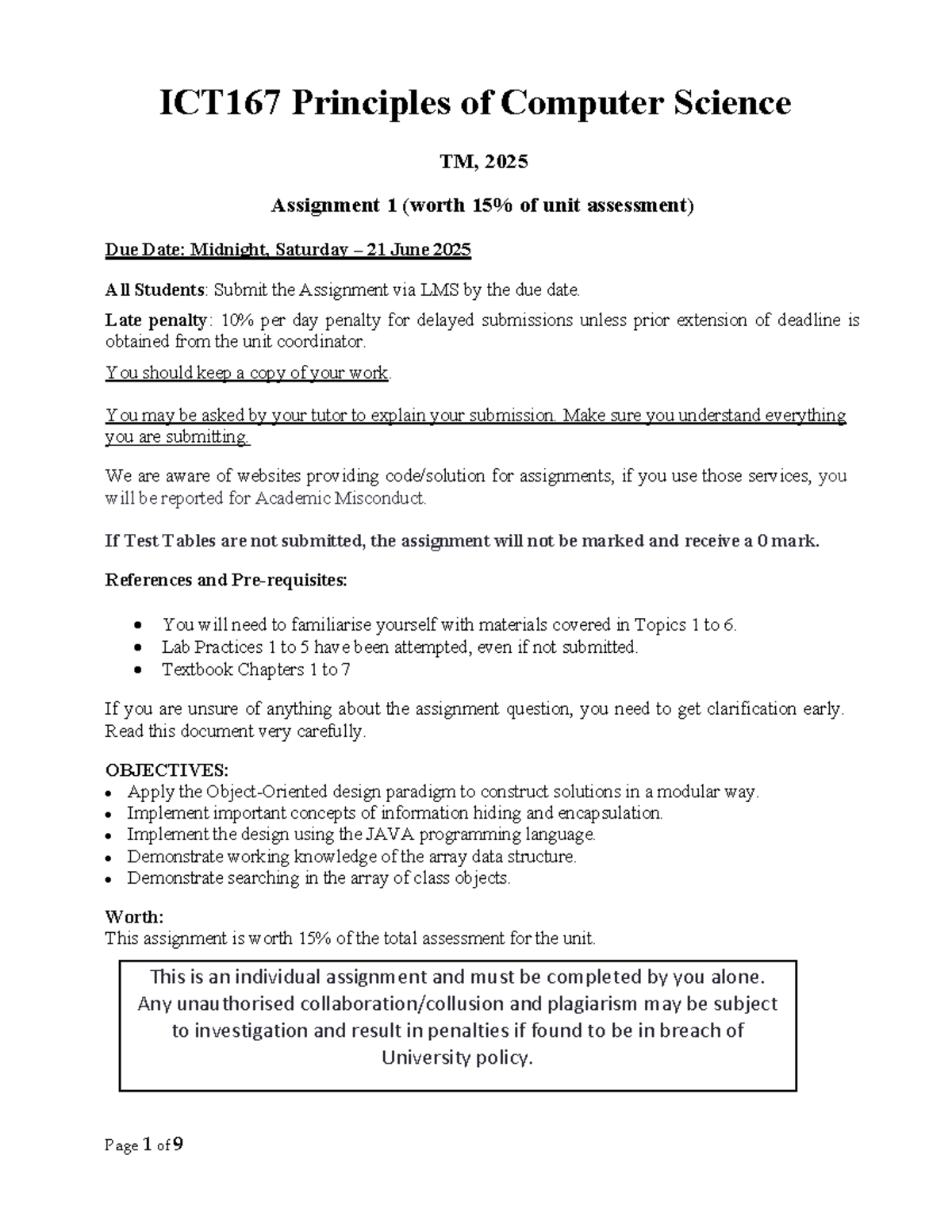 ICT167 Principles of Computer Science TM: Assignment 1 Guidelines 2025 ...