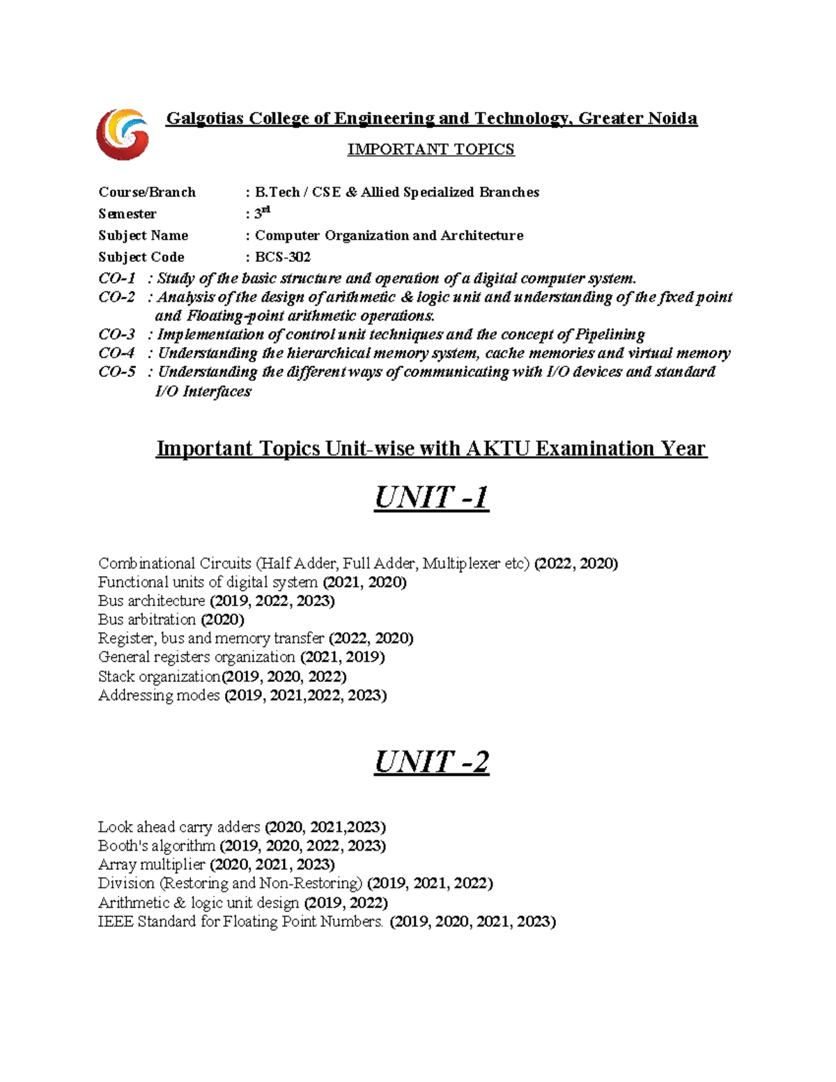 Important topics for B.Tech CSE COA 3rd semester exam - Studocu