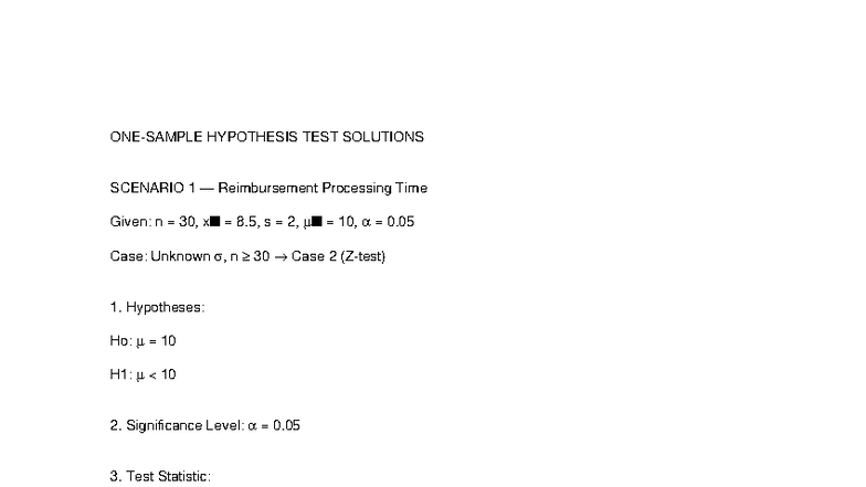 HYPOTHESIS TEST SOLUTIONS: One Sample Test Analysis - Studocu
