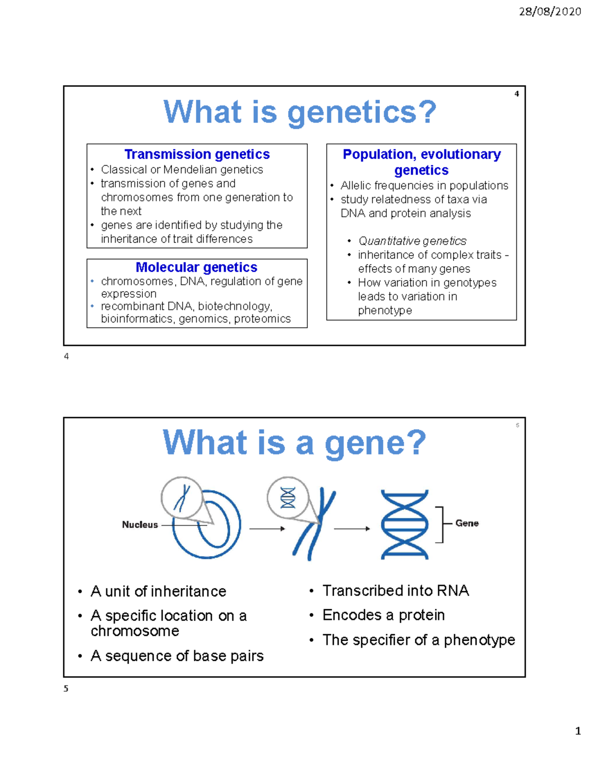 BIO212 - Lec1 - Overview of Genetics and Genetic Variation - Studocu