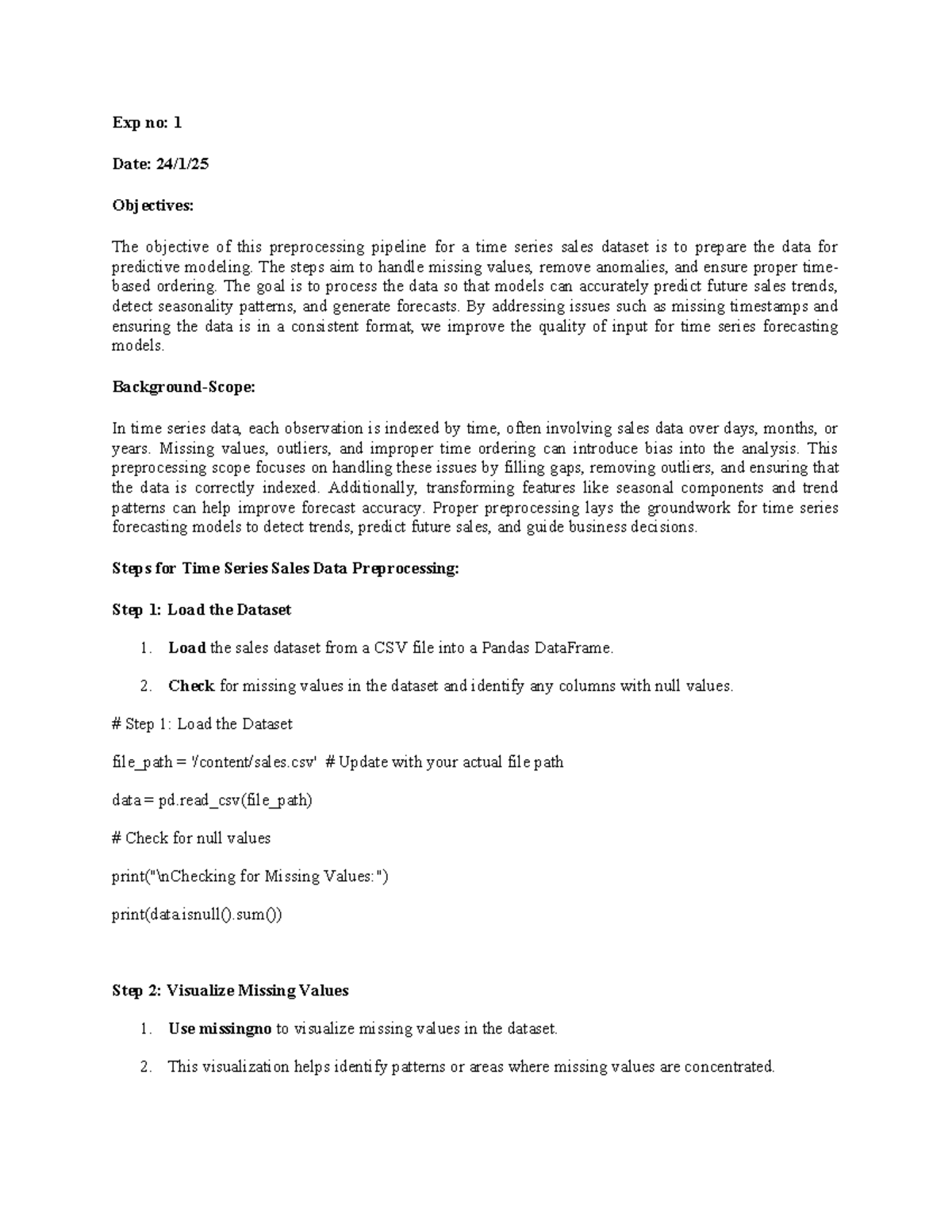 Exp - 1 - Time Series Sales Data Preprocessing Overview - Studocu