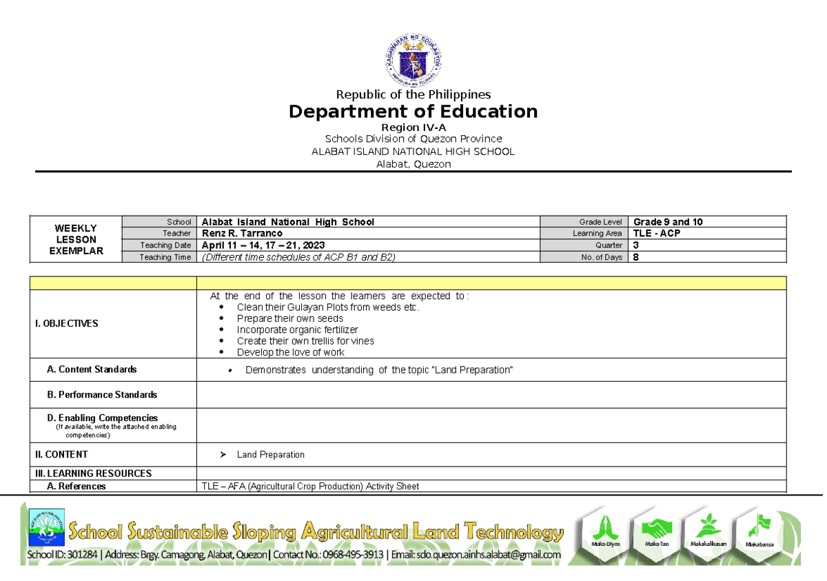 Lesson Exemplar for G9 TLE - Land Preparation SY 2022-2023 - Studocu
