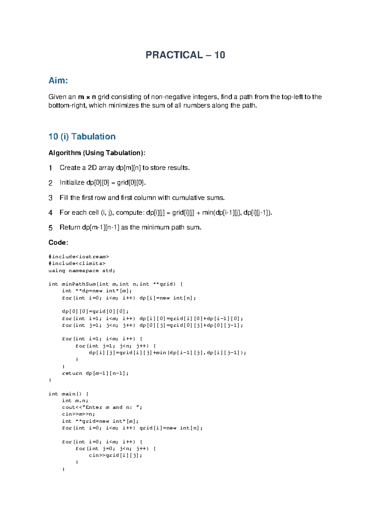 DAA LAB Practical 10 - Minimum Path Sum Algorithm - Studocu