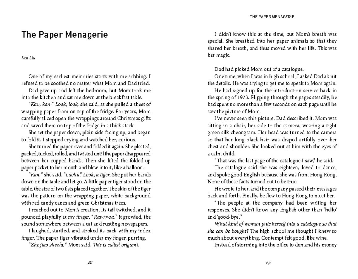 Final Exam Study Notes for ENG 101: The Paper Menagerie by Ken Liu ...