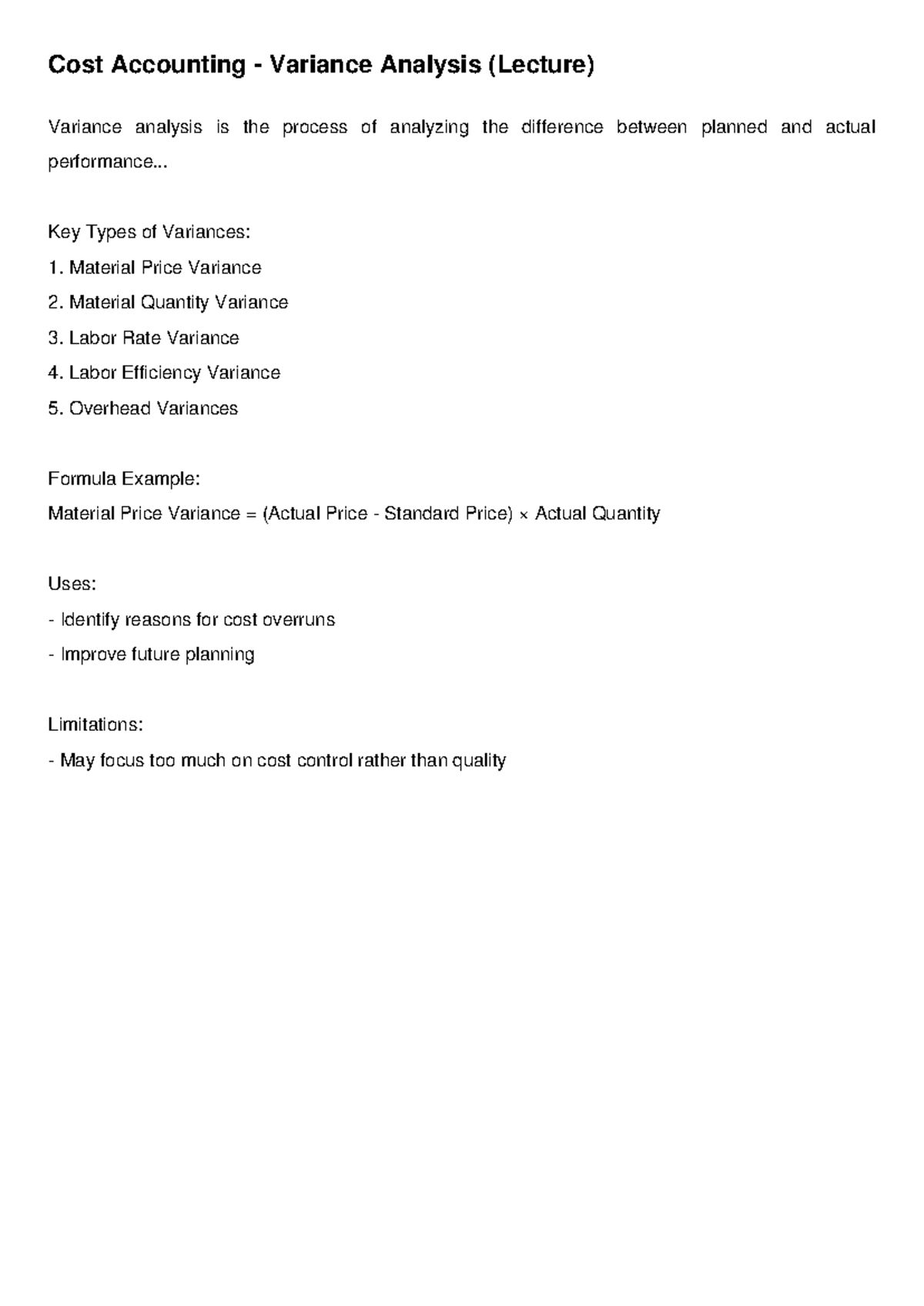 Cost Accounting - Variance Analysis (Lecture) - .. Key Types of ...