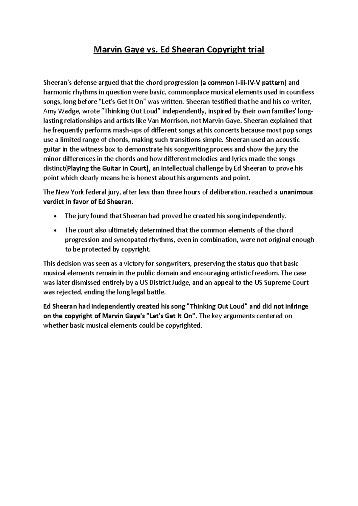 Marvin Gaye vs. Ed Sheeran Copyright Case Analysis - Studocu