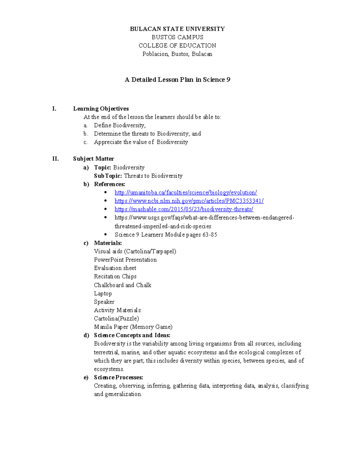 Detailed Lesson Plan on Biodiversity for Science 9 - Studocu
