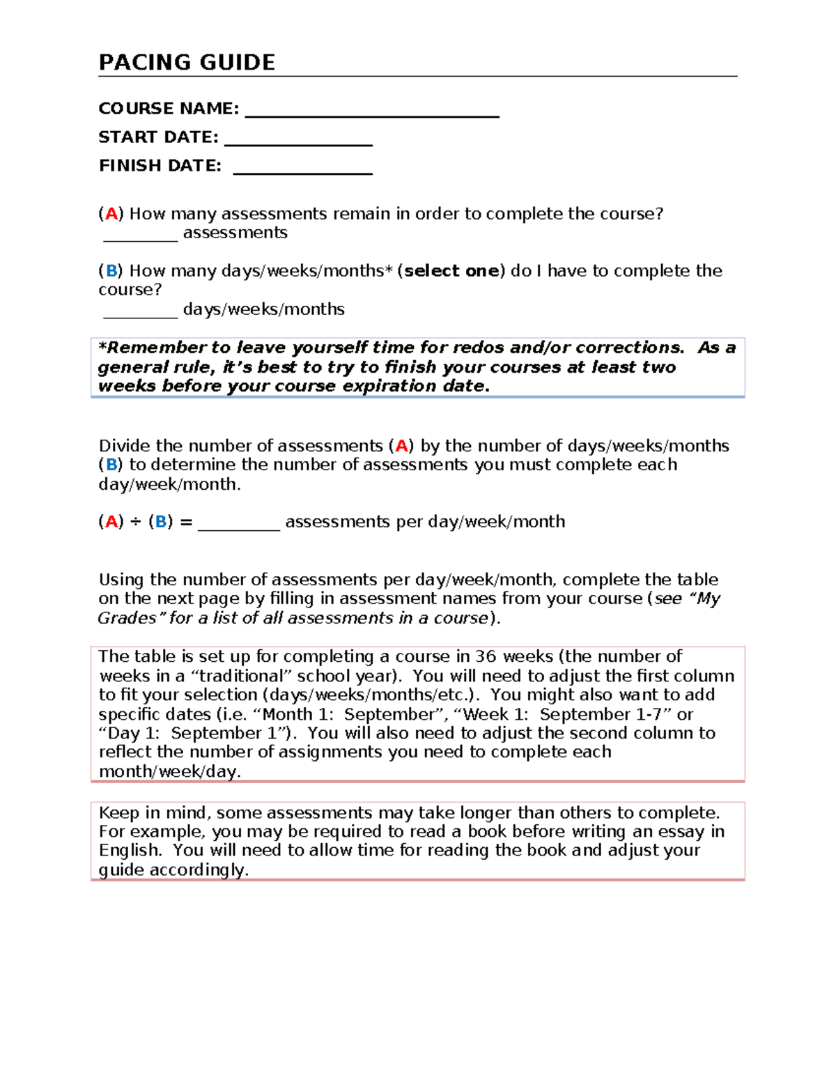 U5E8s Pacing Guide: Course Completion Timeline and Assessments - Studocu