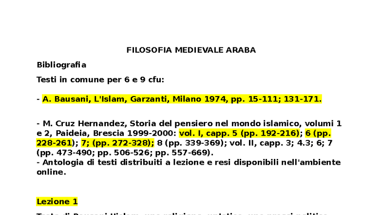 Filosofia Medievale Araba: Bibliografia e Testi per 6 e 9 CFU - Studocu