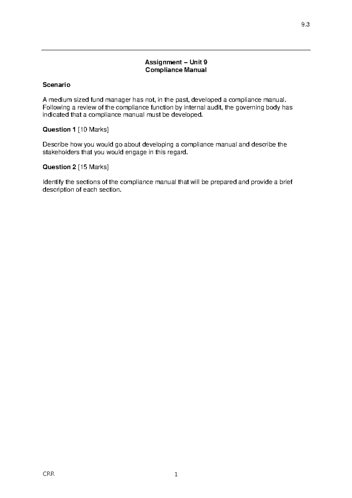 9.3 Assignment - Compliance Manual - 9. 3 CRR 1 Assignment – Unit 9 ...