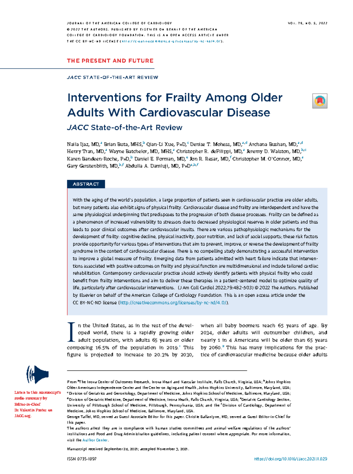 Interventions for Frailty in Cardiovascular Disease: JACC Review 2022 ...