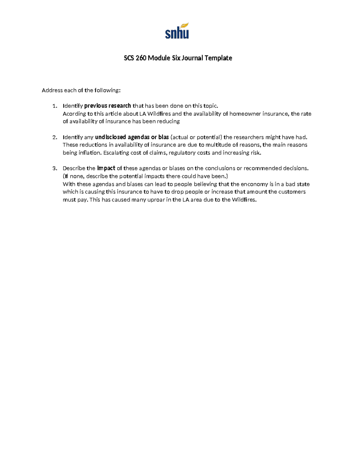 SCS 260 Module Six Journal Analysis on LA Wildfires and Insurance ...