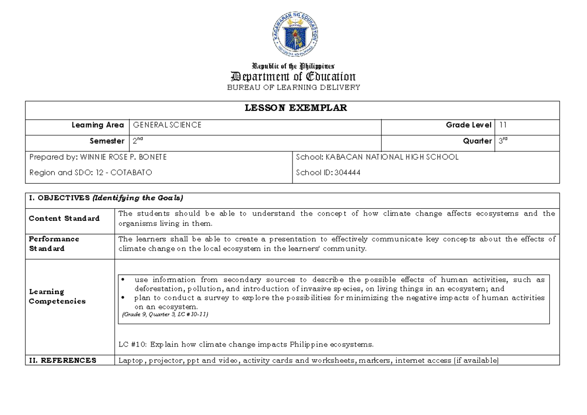 Biology Lesson Exemplar: Climate Change Effects on Ecosystems (Grade 11) - Studocu