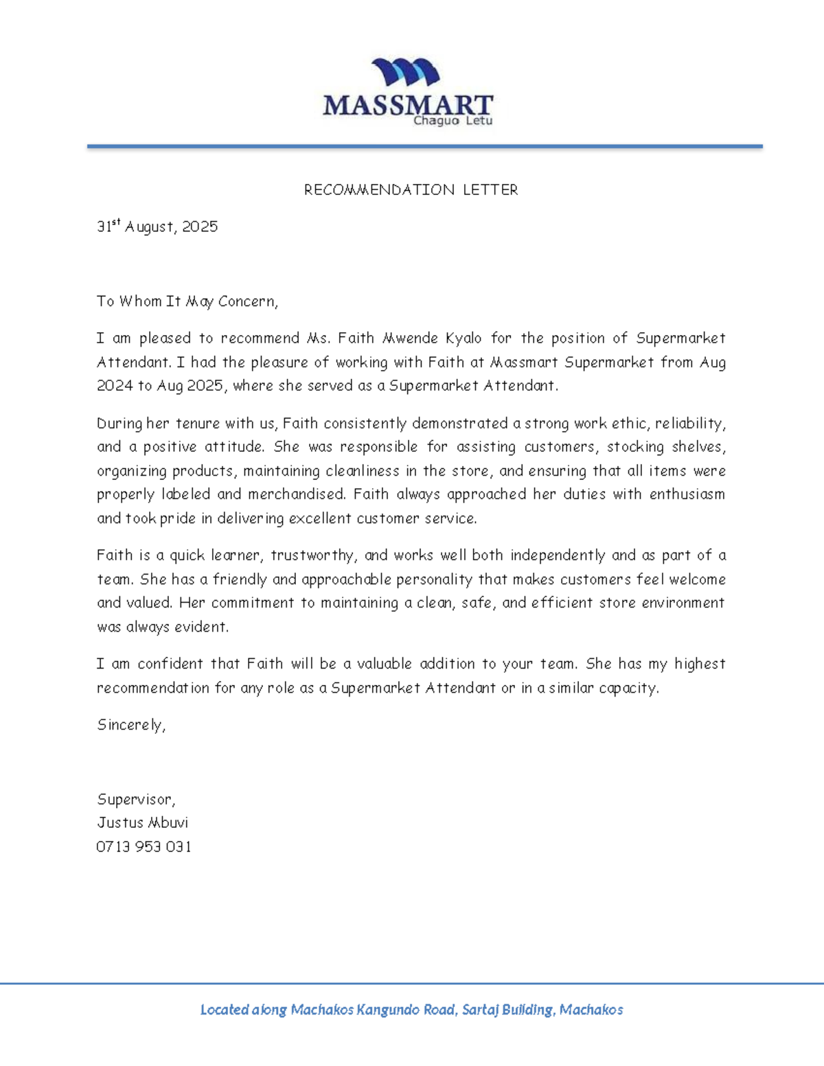 Recommendation Letter for Faith Mwende Kyalo - Supermarket Attendant ...