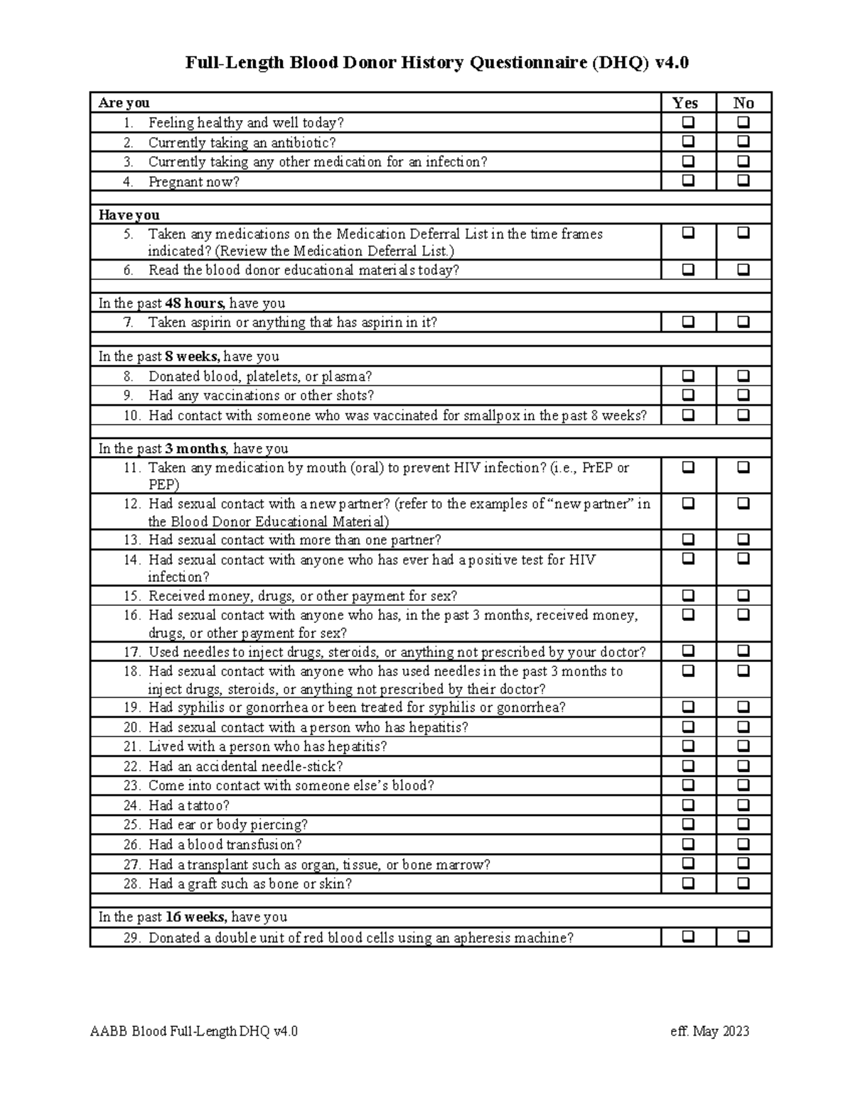 Blood Donor History Questionnaire (DHQ) v4.0 - May 2023 - Studocu
