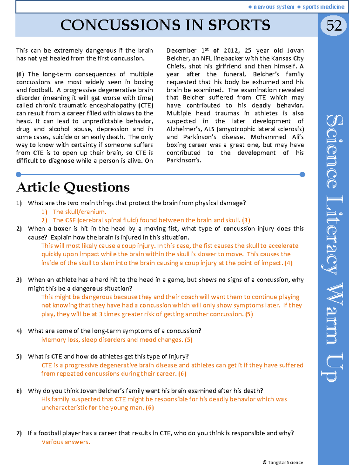 Science Reading Article 52 - Concussions in Sports - Answer Key - Studocu