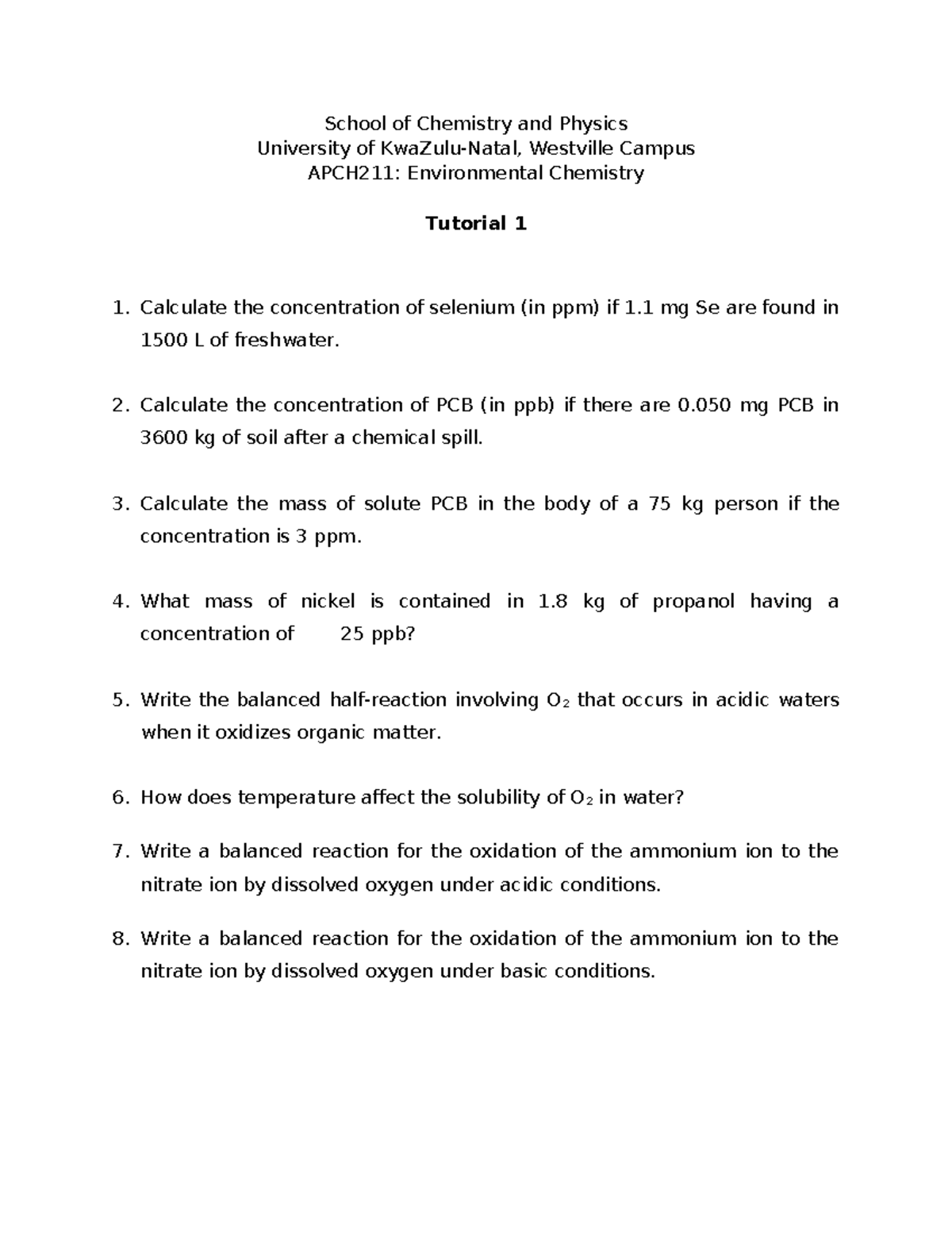 APCH 211 Environmental Chemistry Tutorial 1 Questions and Solutions ...