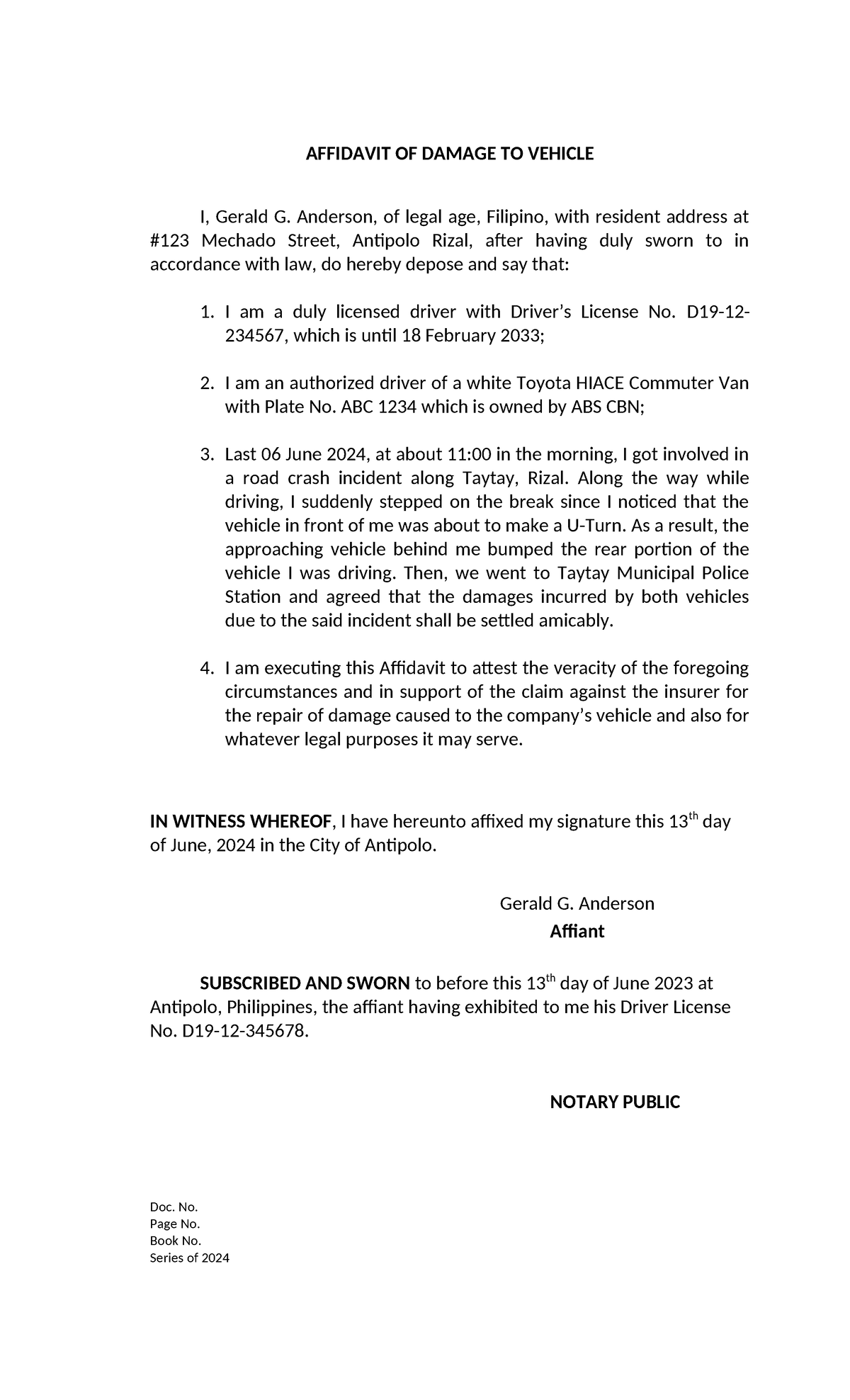 Affidavit of Vehicle Damage Incident - Gerald G. Anderson - Studocu