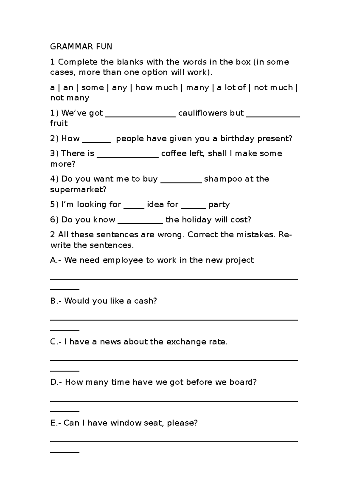 Grammar Fun 1: Fill in the Blanks & Correct the Sentences - Studocu