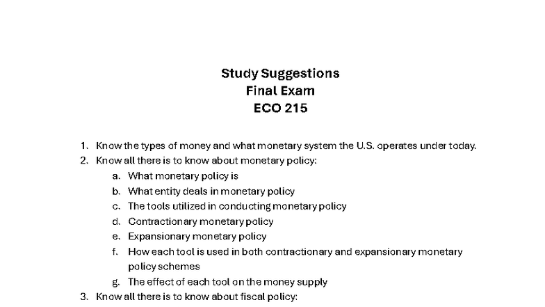 Study Suggestions for Final Exam in ECO 215: Key Concepts and Policies ...