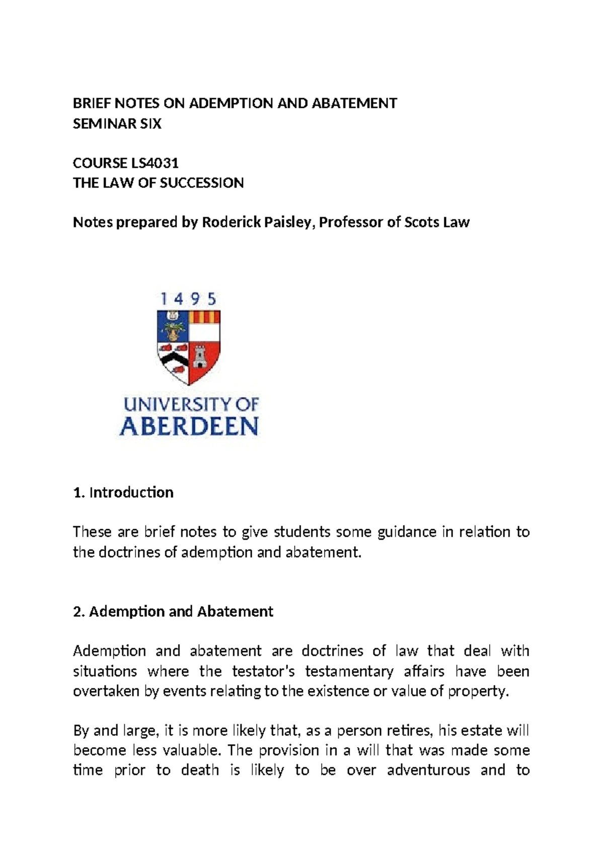 Brief Notes ON Ademption - BRIEF NOTES ON ADEMPTION AND ABATEMENT ...