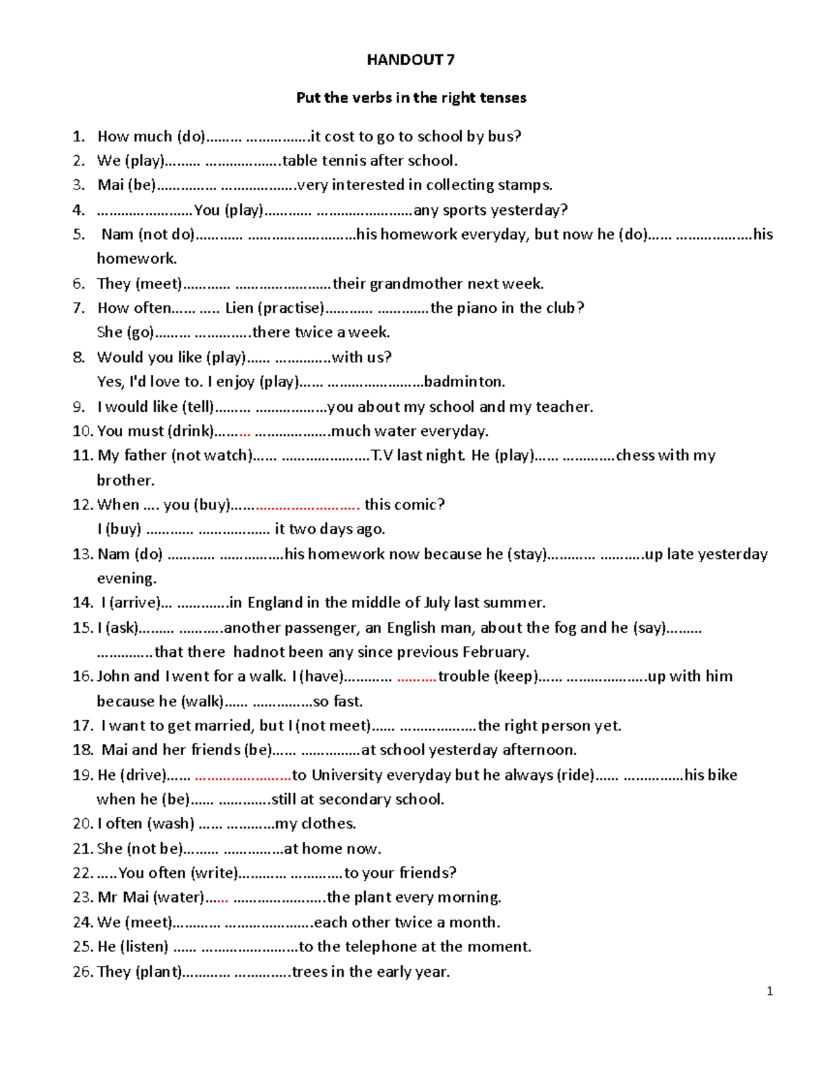 Handout 7: Verb Tense Practice Exercises for Students - Studocu