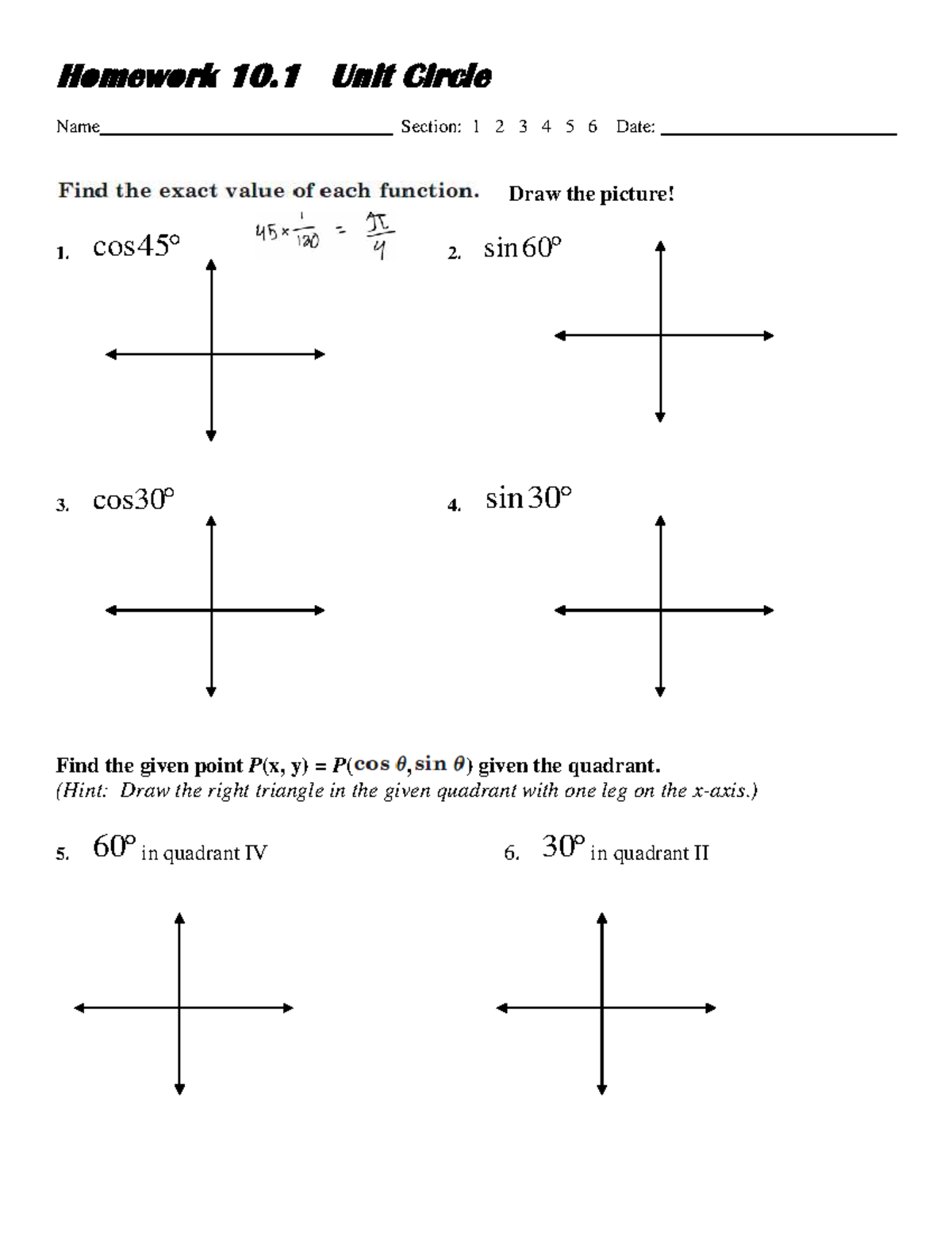 Unit 10 Homework - Trigonometric Functions & Unit Circle - Studocu