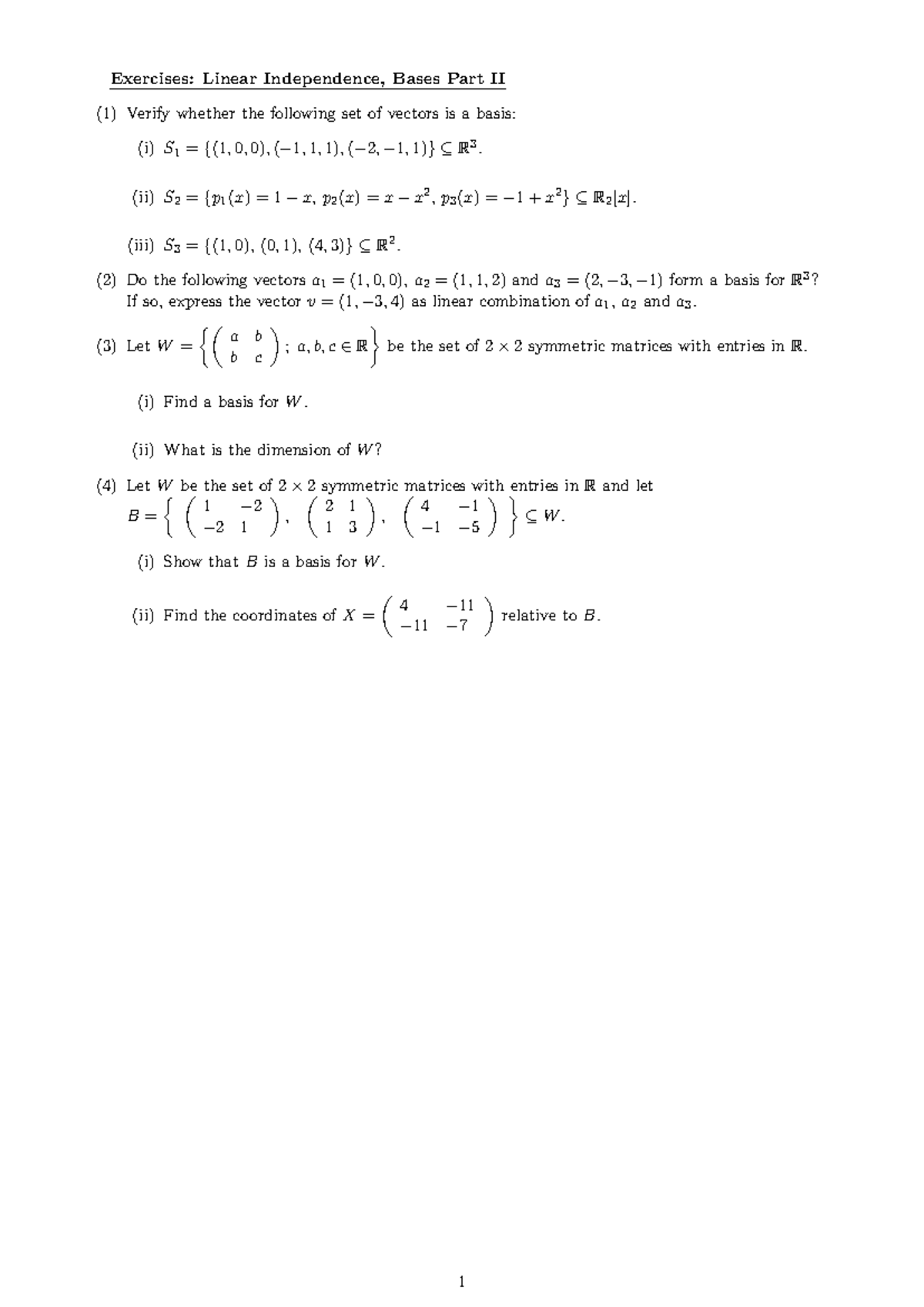 Linear Independence & Bases Part II: Extra Tutorial Questions - Studocu