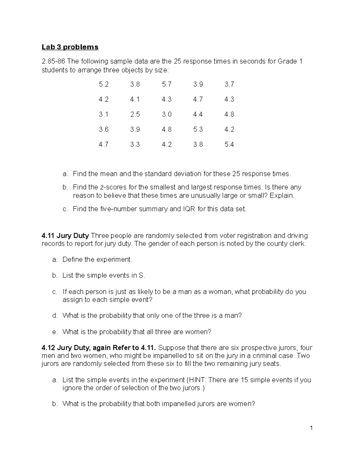 Lab 3 Problems: Response Times & Probability Exercises - Studocu