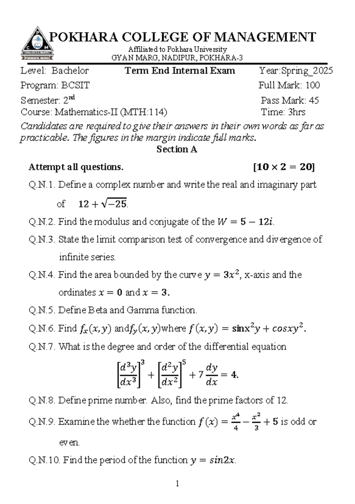 Math-II (MTH:114) Spring 2025 Internal Exam Model Questions - Studocu