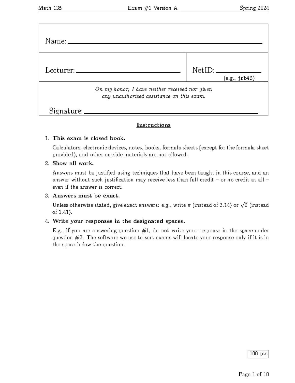 Math 135 Midterm Exam + Extra Practice Solutions - Spring 2025 - Studocu