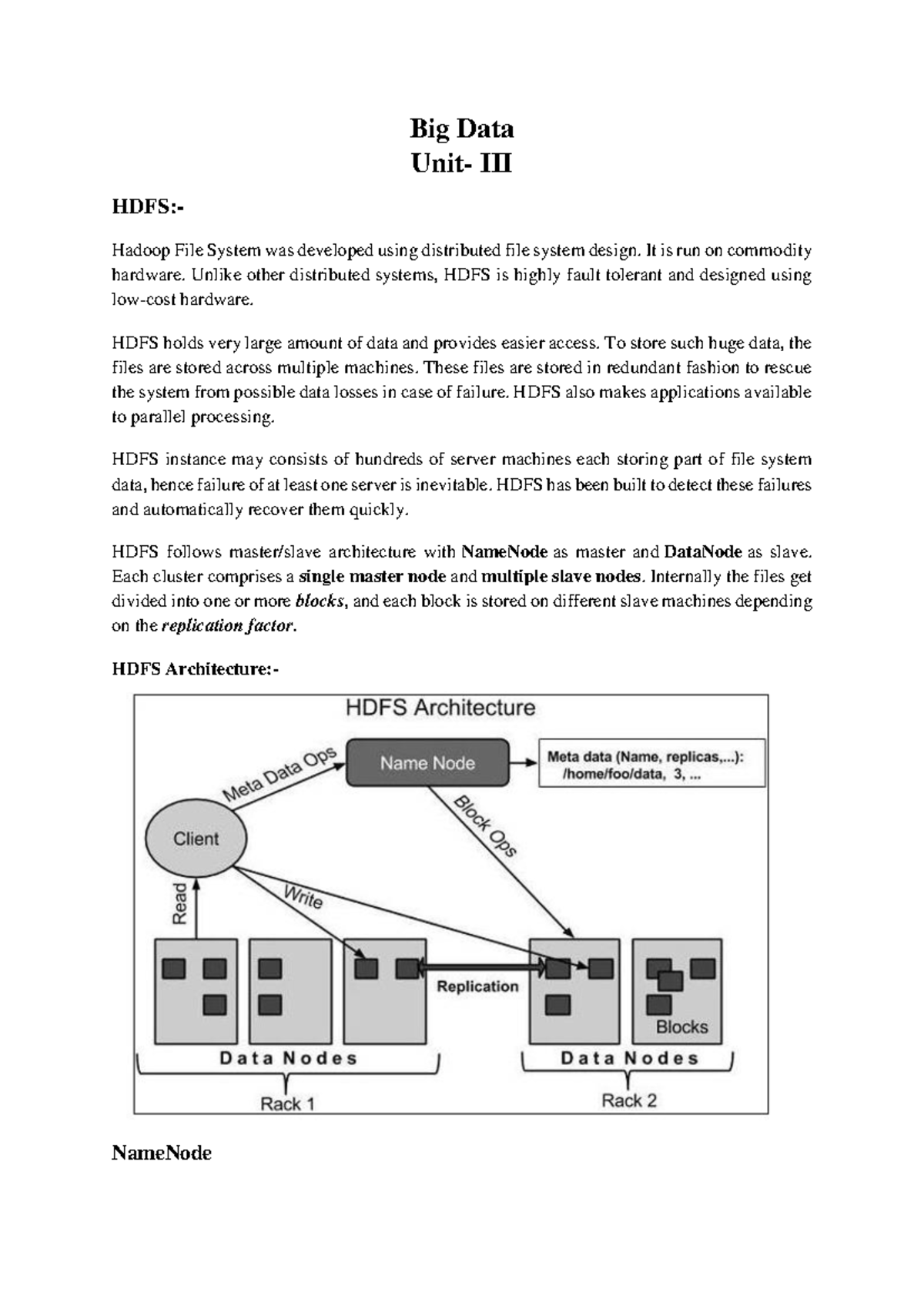 Big Data Unit-III: Comprehensive Overview of HDFS and Its Architecture - Studocu
